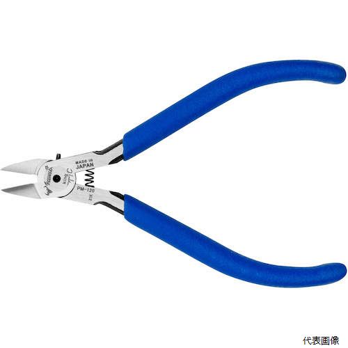 【特長】 ●頭部が薄く細いので、入り組んだ所での切断に最適です。 【仕様】 ●全長(mm)：124 ●刃表面形状：セミフラッシュ刃 ●切断能力(mm)銅線：φ2.0 ●切断能力(mm)軟鉄線：φ1.6 ●セミフラッシュ刃 ●ばね付 【材質／...
