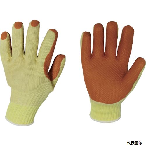 【特長】 ●丈夫な天然ゴムシート貼りです。 ●抗菌防臭加工です。 【用途】 ●運送業、農林業、土木建築、一般作業などに。 【仕様】 ●色：オレンジ ●サイズ：フリー ●ゲージ数：7 ●全長(cm)：24 ●手のひら周り(cm)：22 ●中指...