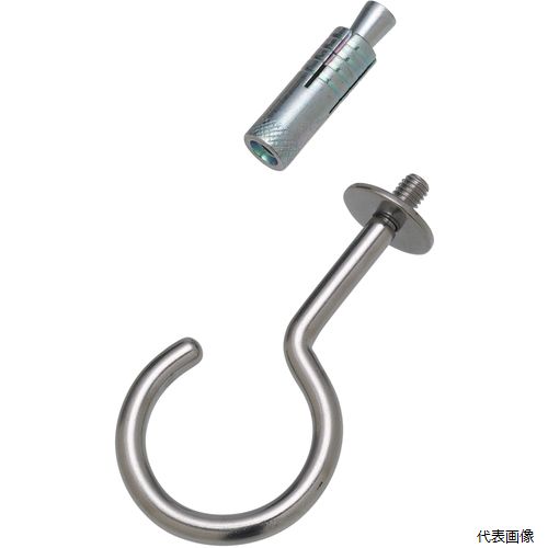 【特長】 ●耐食性に優れたステンレスを使用しています。 ●ねじ付座金がセットされているので、施工しやすいです。 【用途】 ●壁面・床面・柱等に設置し、チェーン・ワイヤ・ロープの端末金具として。 【仕様】 ●使用荷重(kN)：0.18 ●ねじ...