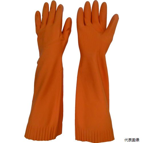 【特長】 ●天然ゴムの特性を活かした引っ掻き、引き裂き、耐久性に優れた手袋です。 ●裏植毛付で、汗のベタつきを防ぎます。 ●肘までカバーするロングタイプです。 【用途】 ●農業、漁業、園芸、食品加工、水産加工 【仕様】 ●色：オレンジ ●サ...