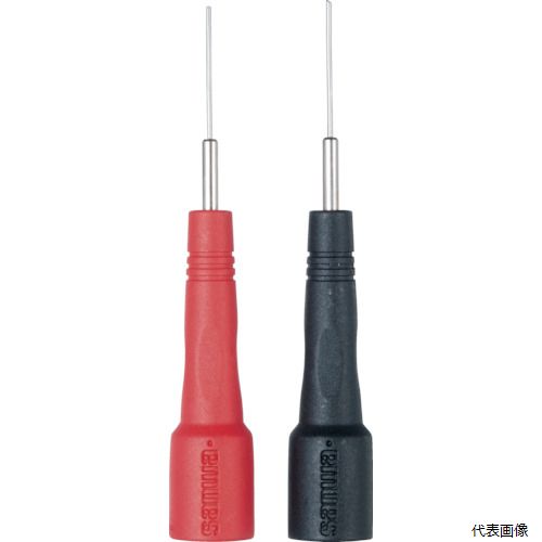【特長】 ●テストリード先端部に接続するアダプタです。 ●先端ピンは細ピン(Ф0.7mm形状記憶合金)でピン先長さ：約15mmに対応します。 【用途】 ●設備機器メンテナンス用。 ●研究開発用。 ●ビル設備メンテナンス用。 ●分電盤などの測...