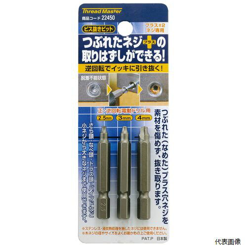 【送料について】 北海道、沖縄、離島は別途送料がかかります【特徴・用途】 電動ドリルでつぶれた(なめた)プラス穴ネジを素材を傷めず抜き取ることができます。つぶれた(なめた)プラス穴ネジの抜き取りに。 【仕様】 セット内容：2.5-3.0-4...