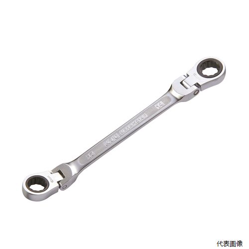 【特長】 ●両頭型首振りタイプのラチェットめがねレンチです。 ●両頭とも本締めが可能です。 ●首振り角度は180°です。 ●滑りにくいグリップデザインを採用しました。 ●十二角タイプです。 【仕様】 ●ギア数：72 ●サイズ(S1xS2；m...
