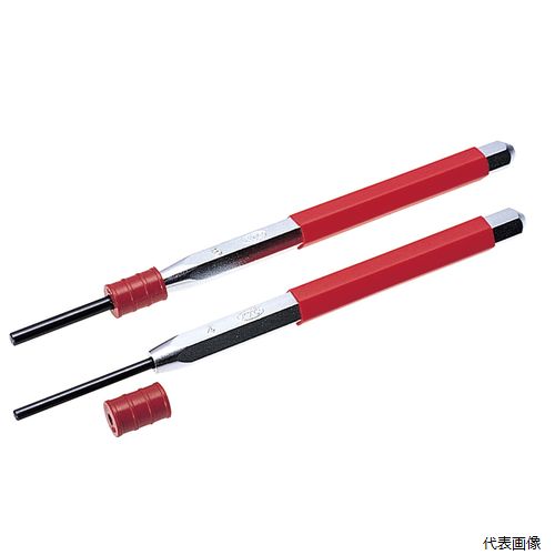 【特長】 ●従来のノックピンポンチと違った新しい設計です。 ●本体は転がりにくい六角形状にしています。 ●チャッキング用ゴムが作業性の向上に有効です。 【仕様】 ●呼び寸法：2 ●先端径(S；mm)：1.8 ●全長(L；mm)：125 ●軸...