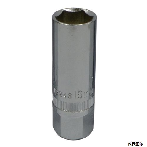 【特長】 ●薄肉タイプのスパークプラグ専用ソケット。 ●マグネット式。 【仕様】 ●差込角(SQ)：3/8 ●サイズ(mm)：16 ●全長(L；mm)：約66 ●先端部外径(D1；mm)：21 ●差込部外径(D2；mm)：19 ●寸法L1(...