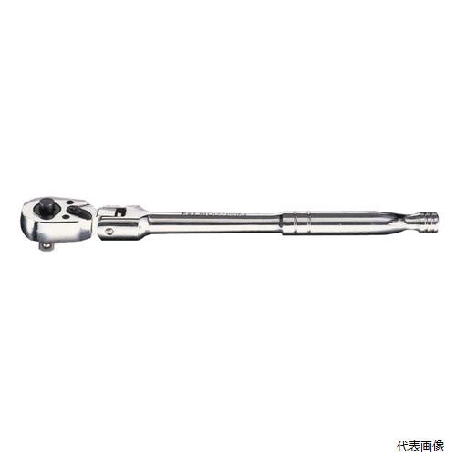 【特長】 ●プッシュボタン付きフレックスヘッドタイプ。 【仕様】 ●差込角(SQ)：3/8 ●ギア数：45 ●全長(L；mm)：275 ●ヘッド厚み(A；mm)：14.5 ●ヘッド幅(B；mm)：31 ●ヘッド部+差込部厚み(C；mm)：3...