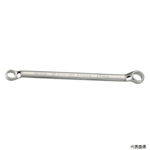 【特長】 ●ヘッド部がコンパクトなメガネレンチ。 ●ミラー仕上げ。 ●オフセット部がコンパクトで短く狭い場所でも使いやすい。 【仕様】 ●サイズ(mm)：14×17 ●全長(L；mm)：260 ●メガネ部幅(A/B；mm)：21.4/25....