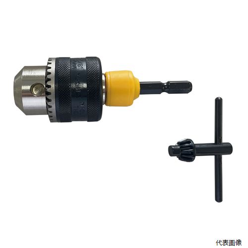 【特長】 ●充電ドリルドライバーに取付けて、穴あけ、軸付き砥石で研削作業が可能。 ●インパクト対応。 ●六角シャンク部は、チャック連結部に圧入しており耐久性が抜群です。 【仕様】 ●チャック部軸径範囲(mm)：1.5〜10 ●シャンクサイズ...