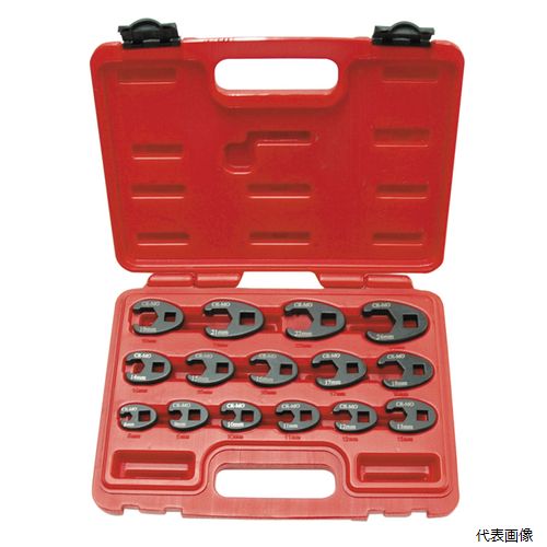 【特長】 ●15サイズ入りのクローフットレンチセット。 ●ケース付き。 【仕様】 ●ケースサイズ(mm)：235×300×50 ●差込角(SQ)：3/8(8〜19mm)・1/2(21〜24mm) 【用途】 ●ブレーキ周りの整備に最適。 【セ...