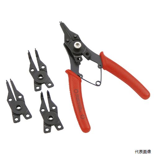 【特長】 ●軸用・穴用両方に対応するスナップリングプライヤー。 ●ブリスターパック入り。 【仕様】 ●対応スナップリング内径(φmm)：10〜50 ●全長(mm)：150 ●先端径ストレート(mm)：1.2〜1.24 ●先端径ストレート(m...