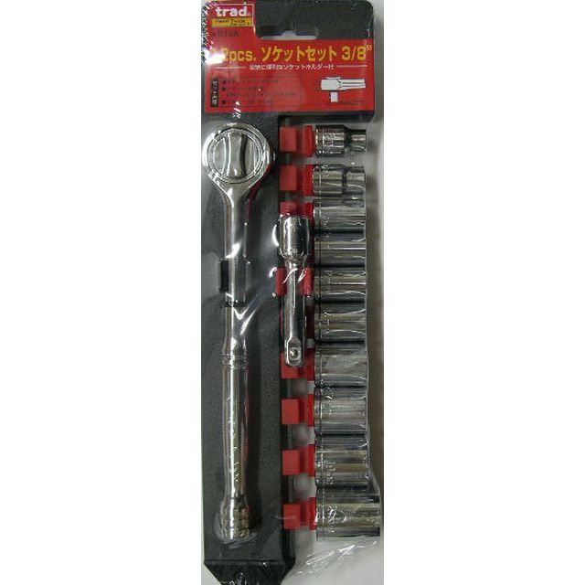 収納に便利なソケットホルダー付! 【商品サイズ】 300×90×30 【セット内容／付属品】 ●3/8”（差込角:9.5mm）ラチェットハンドル ●3/8（差込角:9.5mm）ソケット×12pcs.:8／10／11／12／13／14／15／...