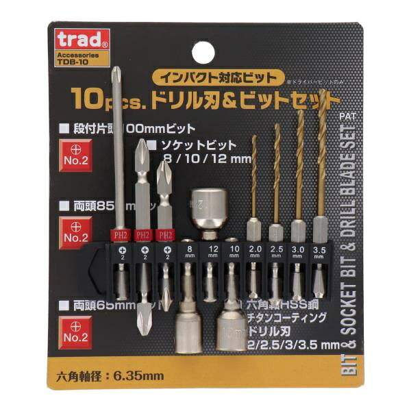 ネジ締め、ボルト締め、穴あけに対応する万能セット 【材質】 ●ソケット:Cr-V ●ドリル:HSSチタンコーティング ●ビット:S2 【セット内容／付属品】 ●ソケットビット8・10・12mm ●ビット+2×65・+2×85　・段付+2×8...