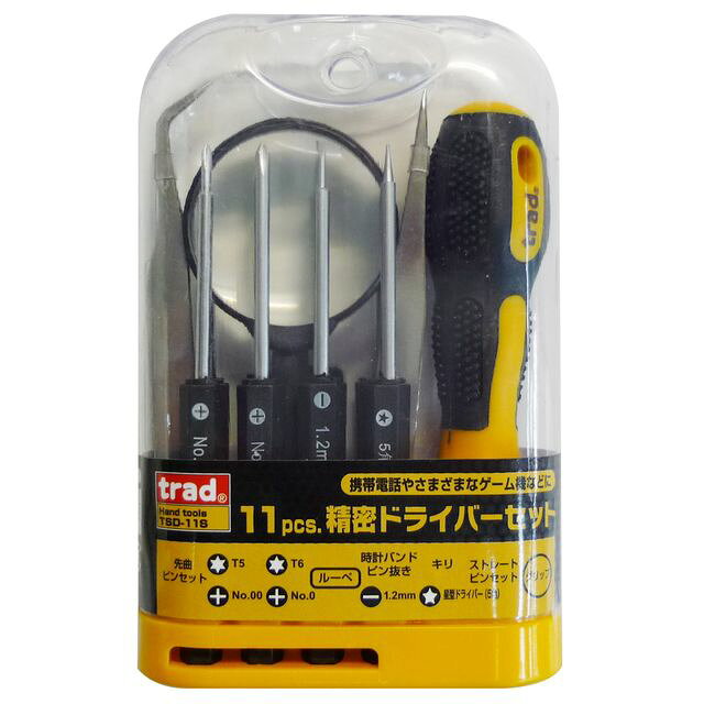 携帯電話や様々なゲーム機などに! 【用途】 ●虫眼鏡とピンセットの付いたホビー向け精密ドライバーセット 【材質】 ●軸部:CR-V（クロームバナジウム鋼） ●ハンドル:PP ●グリップ:PP／TPR ●ルーペ:PP／ガラス ●ピンセット:ス...