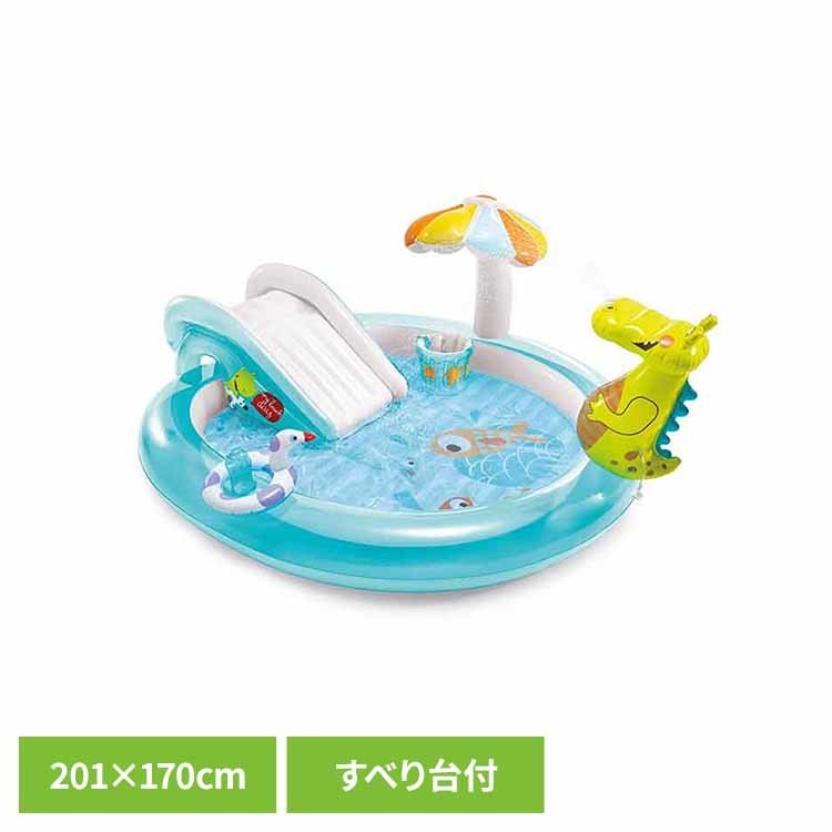 すべり台付きのシャワープールです。輪投げ遊び・バケツ遊びも付属しておりいろいろな遊びが楽しめます。●商品サイズ（cm）幅約201×奥行約170×高さ約84●商品重量約3kg●対象年齢2歳以上（検索用：INTEX プール 大型 家庭用 シャワ...