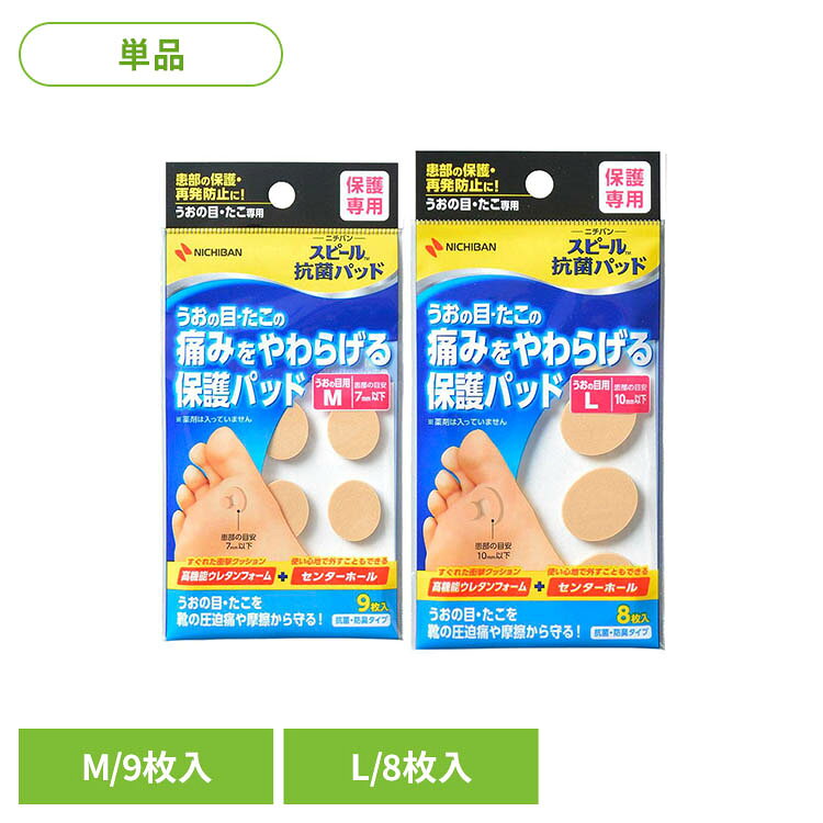 スピール抗菌パッドは、うおの目・たこを靴の圧迫痛や摩擦から守ります。貼るだけで簡単に使用でき、除去後の痛みの緩和にも役立ちます。※リニューアルに伴い、パッケージ・内容等予告なく変更する場合がございます。予めご了承ください。●サイズL：穴の直...