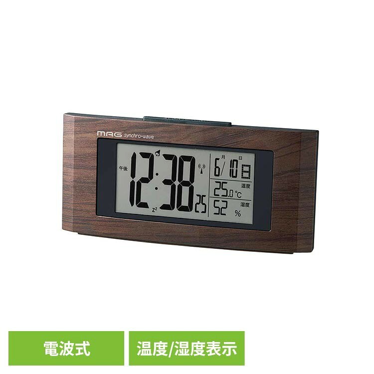 木目調のデジタル電波時計。便利な温度・湿度表示。充実の目覚まし機能。時刻を自動で修正する電波時計。●商品サイズ（cm）幅約14.5×奥行約3.9×高さ約6.9●商品重量約120g●商品仕様電波時計、電子音アラーム、ライト、スヌーズ、カレンダ...