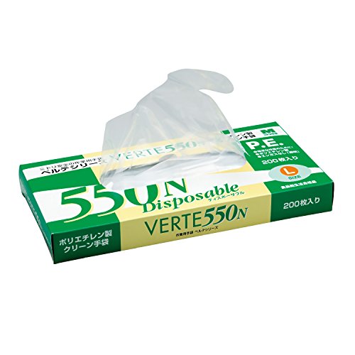 カジュアルクリア/L/VERTE550NL・Size:L・パッケージ個数:1・[規格] 食品衛生法適合品・[材質] ポリエチレン　※ディスポ手袋・[サイズ] L　[色] 透明　[入数] 200枚入・[特長] 1）薄くて使いやすいポリエチレン...