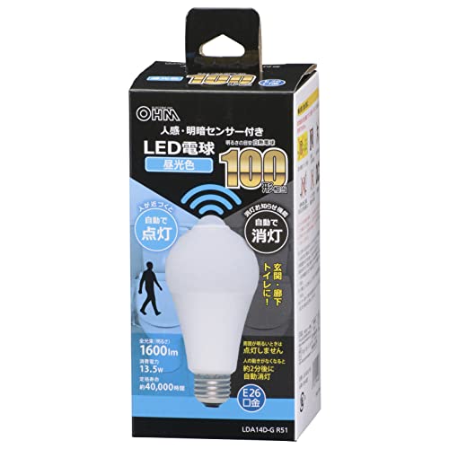 昼光色/100形/LDA14D-G R51・Size:100形Color:昼光色・パッケージ個数:1・【 特 長 】● 人の動きを検知して自動で点灯します● 人の動きがなくなると約2分後に自動消灯します● 周囲が明るい場所(50~100ルク...