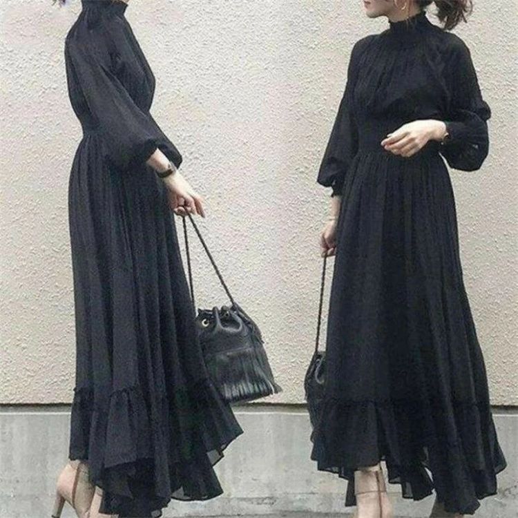 商品名 ロングワンピースカラー ブラックモニターの発色の具合により実際の商品と色が異なる場合がございます。サイズF： 着丈125　バスト100　ウエスト62-114 袖丈66サイズは平置き、メジャー採寸を行っております。1-3cmの誤差があ...