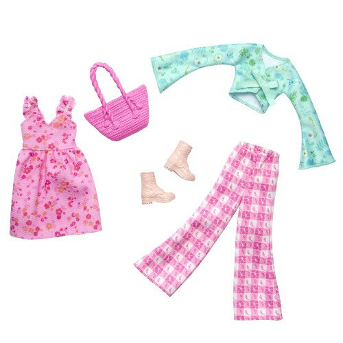 内容1つのファッションパックに2着分の洋服とアクセサリーが入ったファッションパックです。花柄のワンピースとパンツスタイルの異なるコーディネートが楽しめます。ピンクのバッグとペールオレンジのブーツもコーディネートのアクセント。リサイクルプラス...