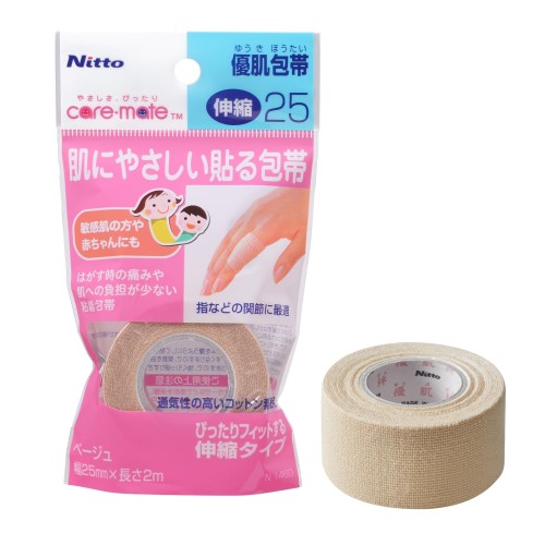 貼る感覚で負ける肌にやさしい包帯 関節や指先など動きの激しい部分に最適な伸縮タイプ 重ね巻きをせず、一度巻きでしっかり固定 多くの医療機関で採用されているテープの家庭向け製品 サイズ：幅25mm×長さ2m　1巻