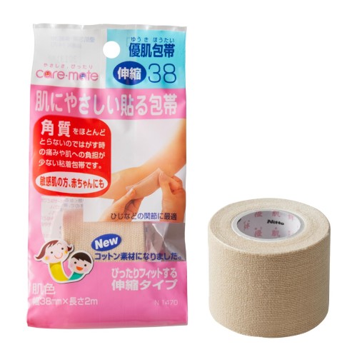 貼る感覚で負ける肌にやさしい包帯 関節や指先など動きの激しい部分に最適な伸縮タイプ 重ね巻きをせず、一度巻きでしっかり固定 多くの医療機関で採用されているテープの家庭向け製品 サイズ：幅38mm×長さ2m　1巻