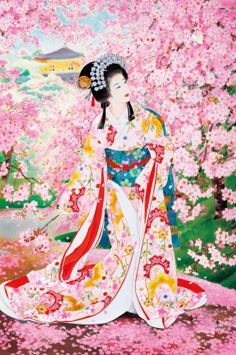 日本人の心ともいえる桜の花。 華やかに咲き誇った満開の桜の中を、一人の美しい姫君が歩いています。 その高貴なたたずまいは、まるで桜の精のようです。 春代作品の中でも数少ない姫を描いたこの見事な秀作は、貴方のお部屋を華麗に彩ってくれることでし...