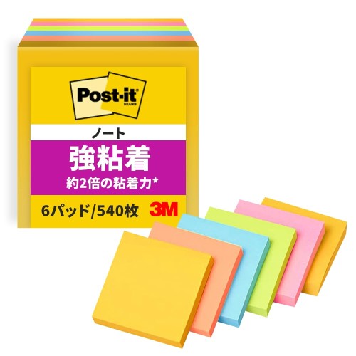 製品情報サイズ：75×75mm / 枚数：90枚×6パッド / 色:：ネオンカラー（5色） 正方形の定番サイズ長文の伝言メモやTODOリスト、情報整理、アイデア出しなどに便利。 約2倍(※)の粘着力の強粘着タイプクリアファイルやパソコン、キ...