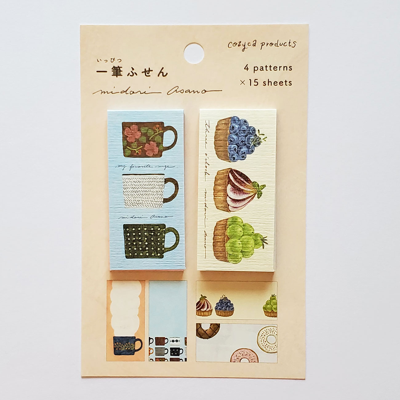イラストレーターの浅野みどりさんデザインの付箋 ふせん2冊入り（それぞれ2柄 × 各15枚 合計30枚綴り） 台紙サイズ：90 × 140mm　ふせんサイズ：30 × 63mm 手のひらサイズのちいさな付箋が2冊セットになっています