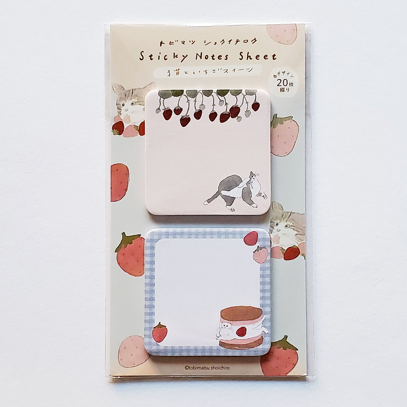 イラストレーターのトビマツショウイチロウさんデザインの付箋メモ パッケージサイズ：W7.3mm×H12.5mm 付箋本体： 45×45mm　　　 2柄各20枚綴り　　日本製 トビマツショウイチロウさんとと古川紙工さんのコラボシリーズです