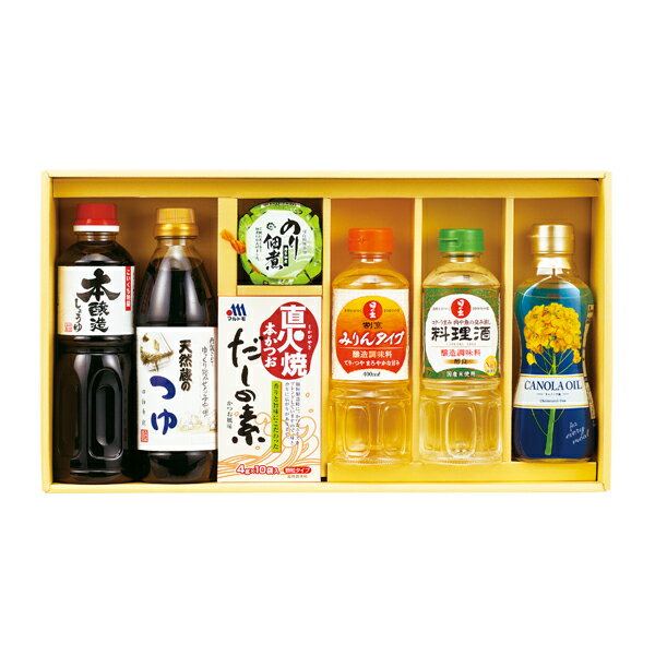 ギフト対応【送料無料】■商品名：佃煮&調味料セット■商品：昭和キャノーラ油300g・サンビシ本醸造しょうゆ500mL・伊賀越天然蔵のつゆ500mL・日の出（割烹みりんタイプ・料理酒）各400mL・島乃香のり佃煮80g・マルトモ直火焼本かつお...