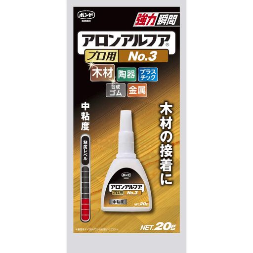 木材・合板・集成材・化粧板の接着, 建築模型, パネルの製作, 家具製作の仮止め、取り付け 個装形態:アルミパック 性状:シアノアクリレート系 NET(個装): 20g /1本 サイズ(重量): W85xD25xH190(36g)/1個