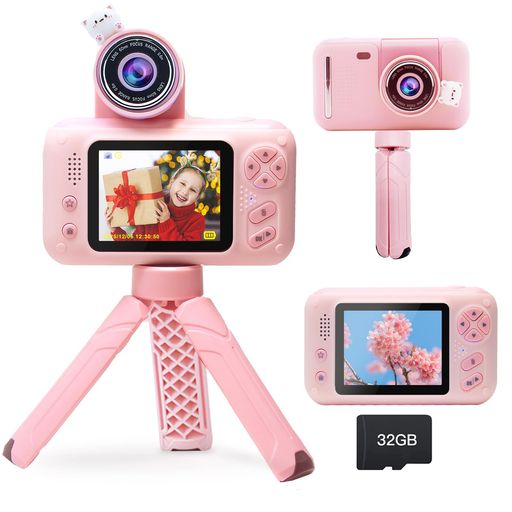 ビデオグラフィー 【アップグレード版三脚付き高解像度キッズカメラ】高解像度の動画および4000万画素(最大)の写真が撮影可能で、8倍デジタルズーム機能を搭載したキッズカメラ。特に5-10歳くらいのお子様向けに設計された製品で、美しい写真や動...
