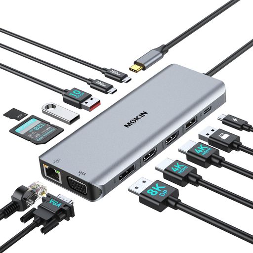 【13-in-1USBCドッキングステーション】2xHDMI(4K@60Hz)、1xDisplayPort(8K対応)、3xUSB-C(うち1つは100WPD充電ポート)、2xUSB-A(10Gbps)、1xUSB2.0、1xRJ45有線L...