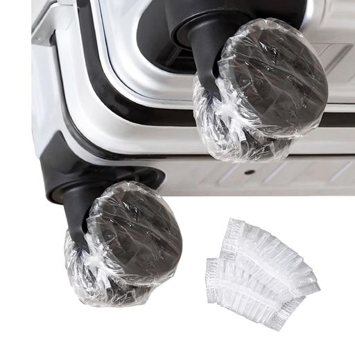 【使い捨てタイプ】100枚入りの一度使いタイプの手提げ箱用車輪カバー。素材はPEで、サイズは1.9cmx5cm(伸縮前)から1.9cmx14cm(伸縮後)まで対応可能。ほとんどのスーツケースの車輪にご使用いただけます。 【素材】PE素材を採...