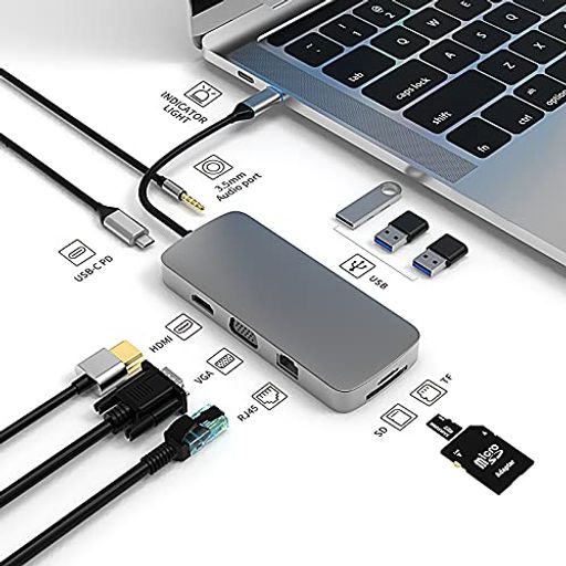 【10-in-1ハブ】TypeCハブ(HDMIx1、VGAx1、USB3.0、USB2.0x2、TF/SDカードリーダーx1、PDx1、AUDIO3.5x1、100Mbps RJ45イーサネットポートx1。Vester USB C ハブは仕...