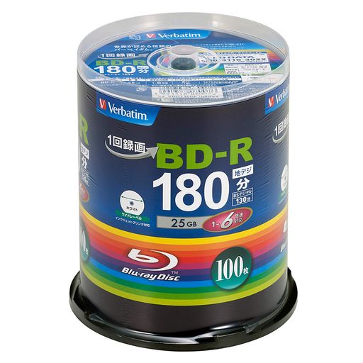 品種:録画用 BD-R(25GB) 1回録画用 録画時間:地デジ 180分 / BSデジタル130分 盤面印刷:○(ホワイト) / 範囲:22mm-118mm(ワイド) 倍速:1-6倍速,ケース:スピンドルケース,入り数:100枚 容量:25GB
