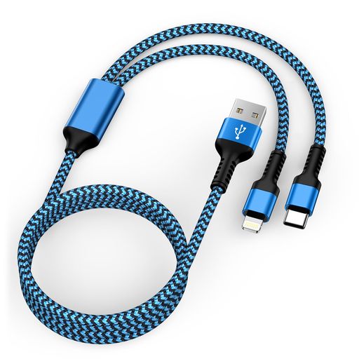 【2台同時充電】2in1 usb ケーブルは銅製心線を採用し、電気抵抗が低く、 充電速度がより速くなり、充電時間も短縮してくれて、2台のデバイスを同時に充電可能です。Type-Cポートは最大3Aの電流をサポートし、Lightningポートは...