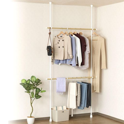 商品サイズ:幅75~120x奥行7.5x高さ200~280cm 材質:本体パイプ(スチール)、固定パーツ(ABS+TPE) 耐荷重:全体耐荷重24kg/伸縮式ハンガーポール12kg 製品重量:2.8kg 収納目安:夏服約48着収納可能