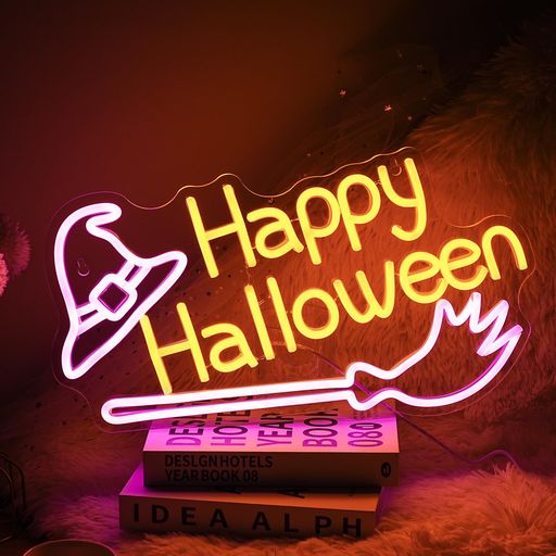 ハッピーハロウィンネオンサイン:ピンクイエローネオンライトは調光可能です。スイッチの3つのボタン、中央のコントロールスイッチと上下のボタンで明るさを調整できます。(10%-100%)USBケーブルの長さ:59インチ。十分な長さは部屋のどこに...