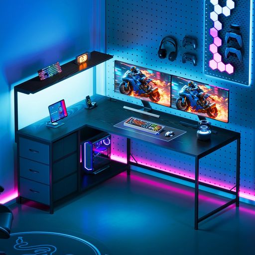 【多目的に活躍】天板は左右どちらにも設置可能。モニター棚は高さ2段調整かつ正面・側面の両方に取り付け可能で、視界やスペースに合わせた最適なレイアウトを実現。棚板も調節可能で、使い勝手の良さが魅力です。この机は在宅勤務、PC作業、ゲームプレイ...