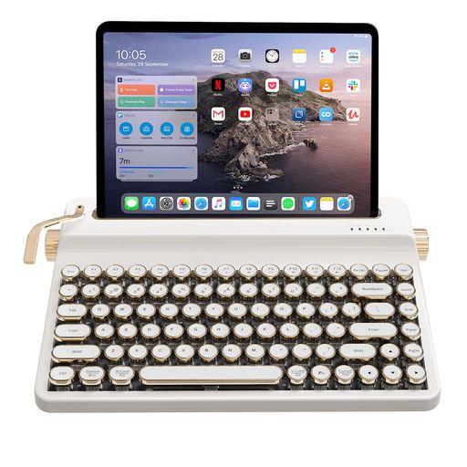 レトロタイプライターキーボード:YUNZIIQL75はタイプライター風デザインのレトロキーボード。3モード接続(BT/2.4GHz無線/有線)と複数デバイス用内蔵スタンドを搭載。エルゴノミックな段階的キー高設計で快適なタイピングを実現。丸型...