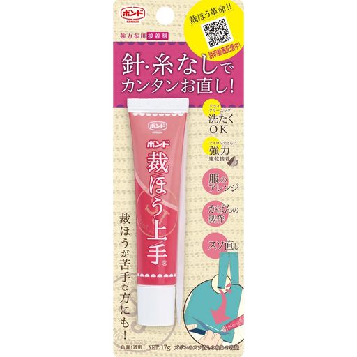 レース 針や糸がなくても簡単に裁縫ができる画期的な接着剤。細口ノズルで細かい作業も簡単。洗濯OK。アイロンで強力速乾接着。 内容量:45g 水性系接着剤 シリ化ウレタン樹脂(35%),水(65%) 使用用途:ズボン・スカートなどの裾上げ。か...