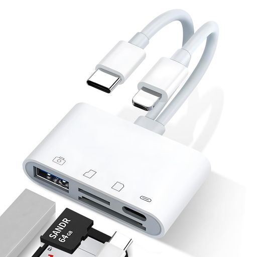 【4in1・カードリーダー】SDカードポート(SD/SDHC/SDXC/RS-MMC/MMC-Microカード)+TFカードポート(MicroSD/MicroSDHC/MicroSDXCカード)+Typec充電ポート。本体から伸びる2本のケ...