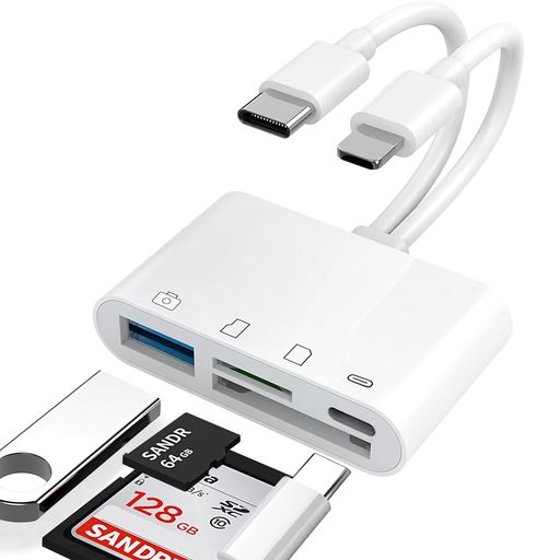 【4in1・カードリーダー】SDカードポート(SD/SDHC/SDXC/RS-MMC/MMC-Microカード)+TFカードポート(MicroSD/MicroSDHC/MicroSDXCカード)+Typec充電ポート。本体から伸びる2本のケ...