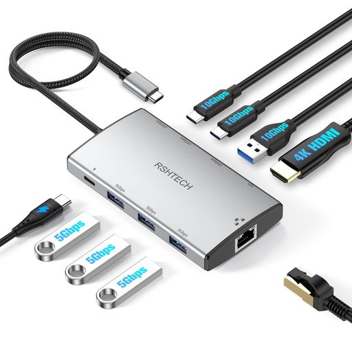【9-in-1高速多機能USB-Cハブ】2つの10Gbps対応USB-C3.2Gen2ポート、1つの10Gbps対応USB-Aポート、3つの5Gbps対応USB-Aポート、4K@60Hz対応HDMIポート、100WPD急速充電ポート、そして...