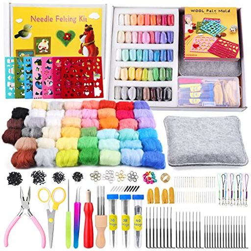 豊富な375点羊毛フェルトセット:45*フェルト羊毛、20x9-ニードル(4色5本/色)、20*T-ニードル(4色5本/色)、1*はさみ、1*スクレーパー、2*ぼろきれ、1*フェルティングマット、7*ウールフェルトモールド、1*シンブル、1...