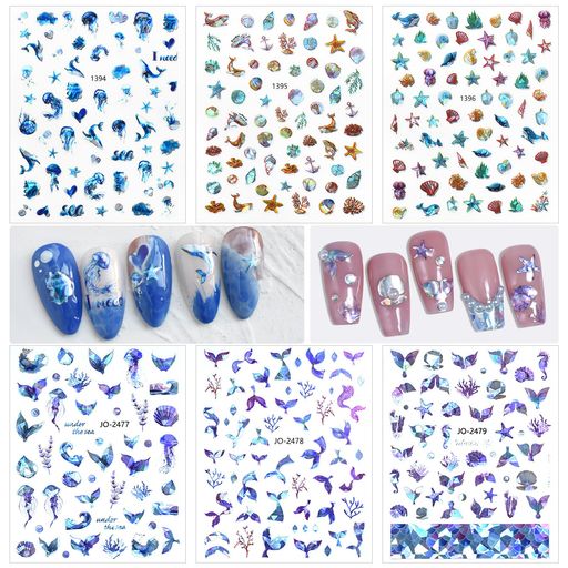 【海ネイルシール】ネイルシール海は、全体のカラーはに青と紫で、貝やクラゲ、人魚など海の生き物の模様が施され、海洋スタイルがいっぱいです 【キラキラ輝く偏光設計】ネイルシールの表面は偏光デザインで、角度によって色が変わり、きらきらと美しいです...