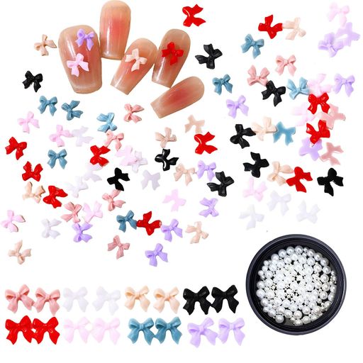 【商品名】リボンネイルパーツセット 【セット内容】1袋リボンネイルバ一ツ(約100個サイズ6*6mm)+1箱パ一ルとプリオン(サイズ1-3mm) 【素材】リボン素材は樹脂で、軽量で取り扱いやすく、立体感があり存在感が際立ちます。専属のリボン...