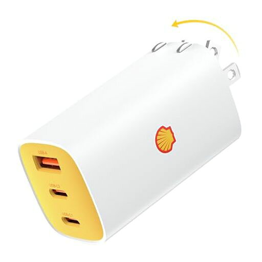 【PD充電器65W+3ポート搭載】Shell(シェル)のタイプC充電器は、Type-Cポート2つとUSB-Aポート1つを備え、最大3台のデバイスを同時に充電可能。65Wの高出力で、パソコンからスマートフォンまで、すべてのUSB-Cデバイスに...